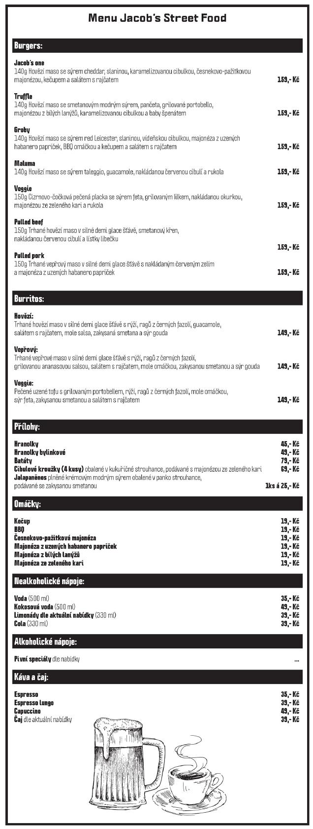 Menu at Jacob's street food restaurant, Prague