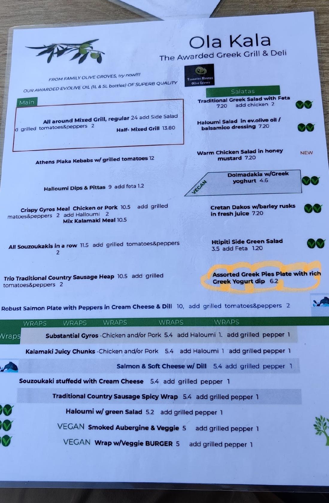 Menu at Ola Kala, the Best Grill & Deli restaurant, Edinburgh