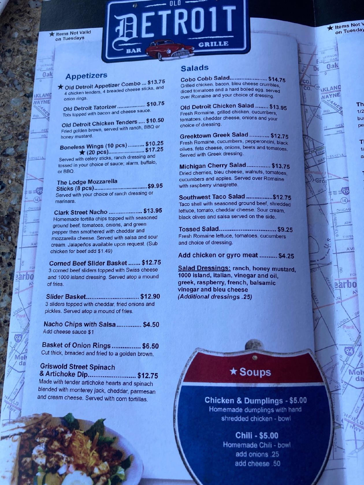 Menu at Old Detroit Burger Bar, Clawson