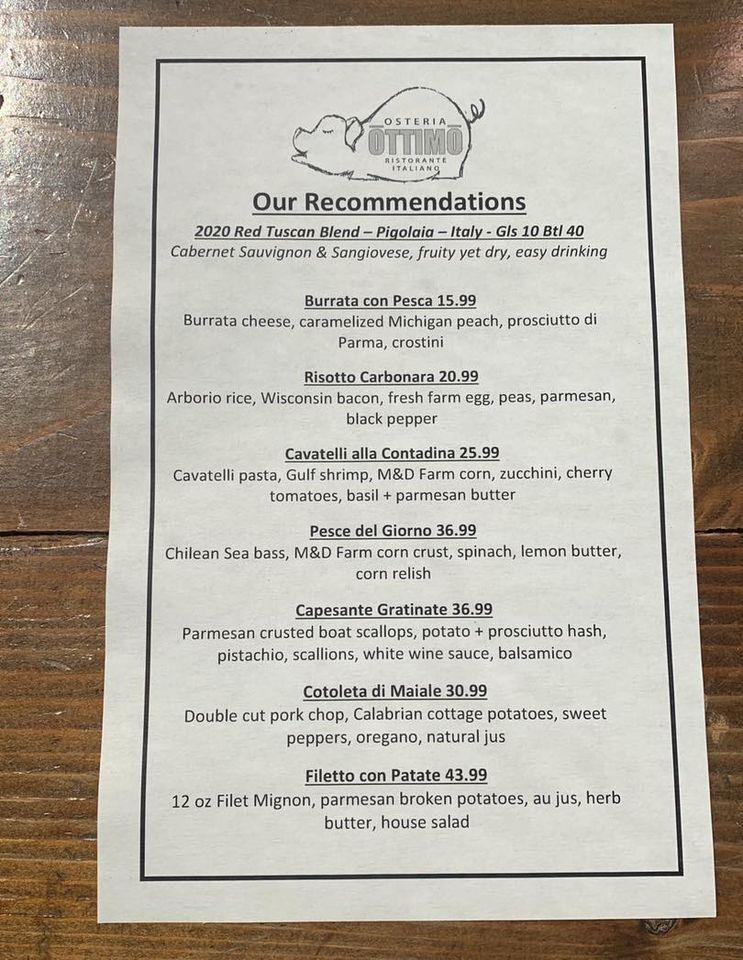 Menu at Ottimo restaurant, Orland Park