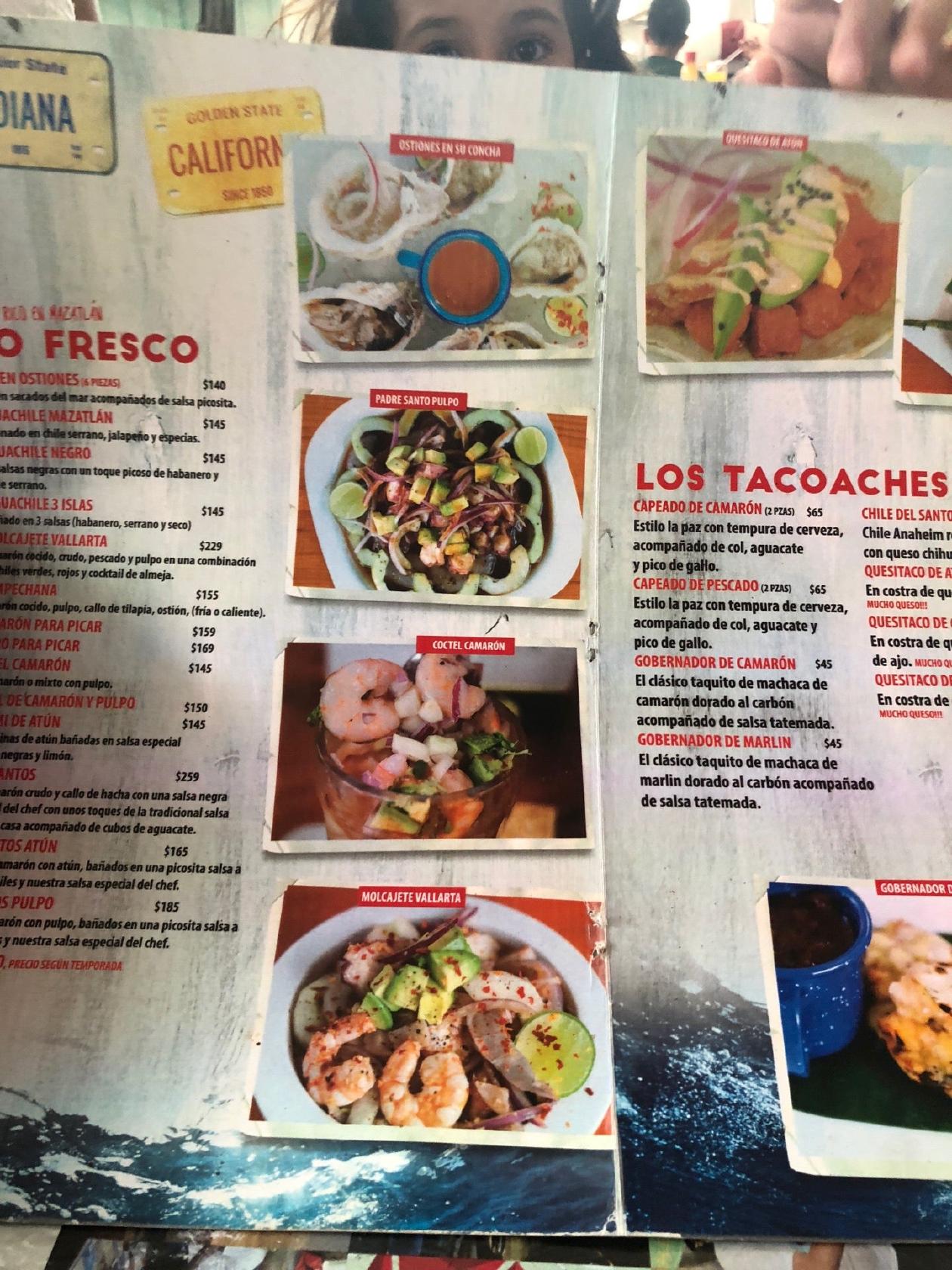 Menu at Restaurante Todos Santos, Mazatlán, Avenida de la Marina