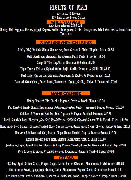 Menu at Rights of Man pub & bar, Lewes