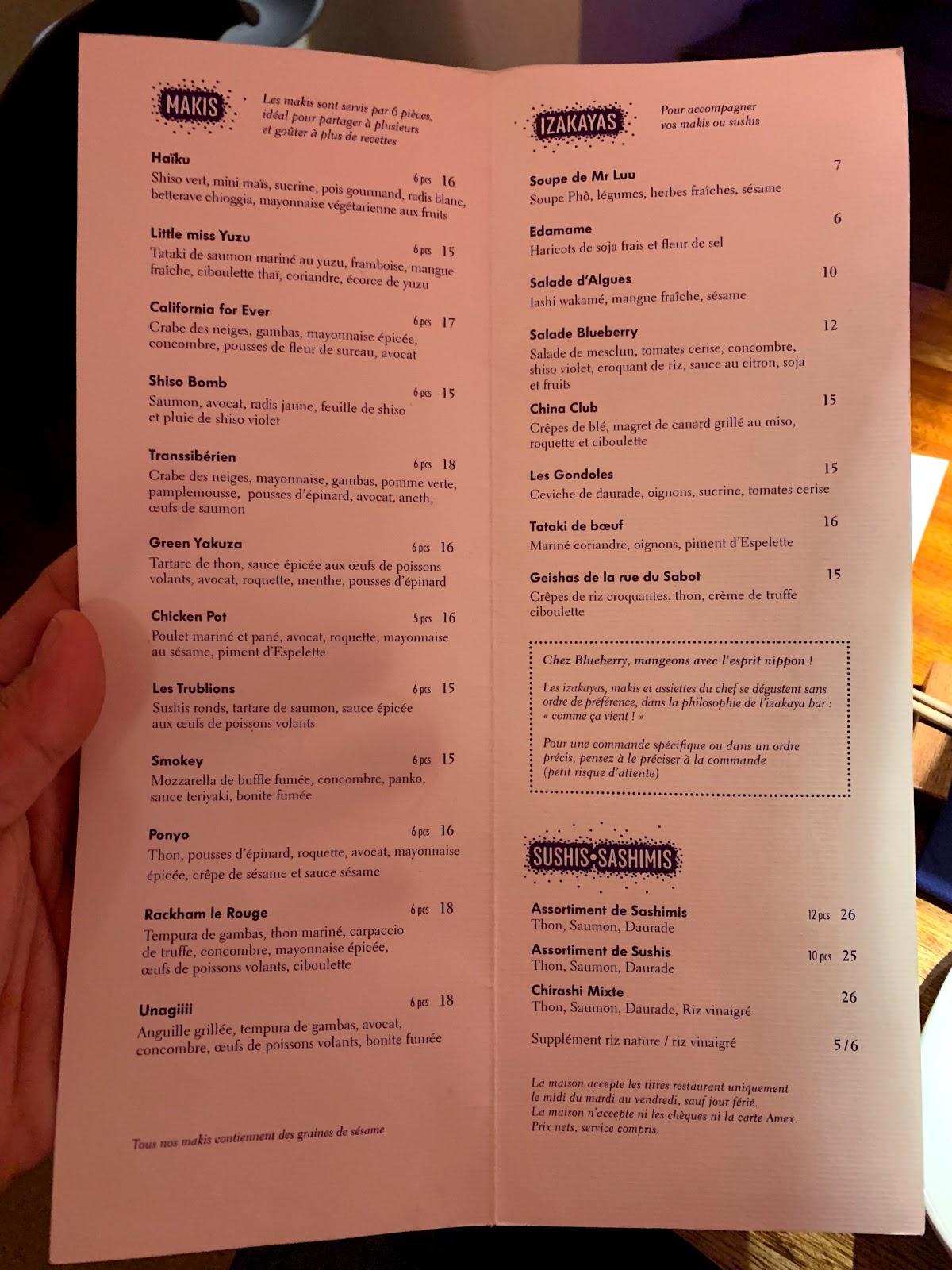 Menu at Steam Bar, Paris