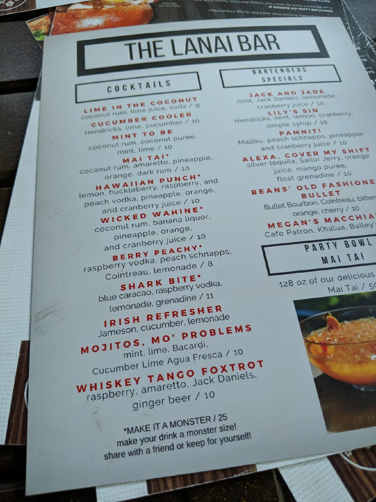 Menu at The Lanai At Mamala Bay restaurant, Honolulu