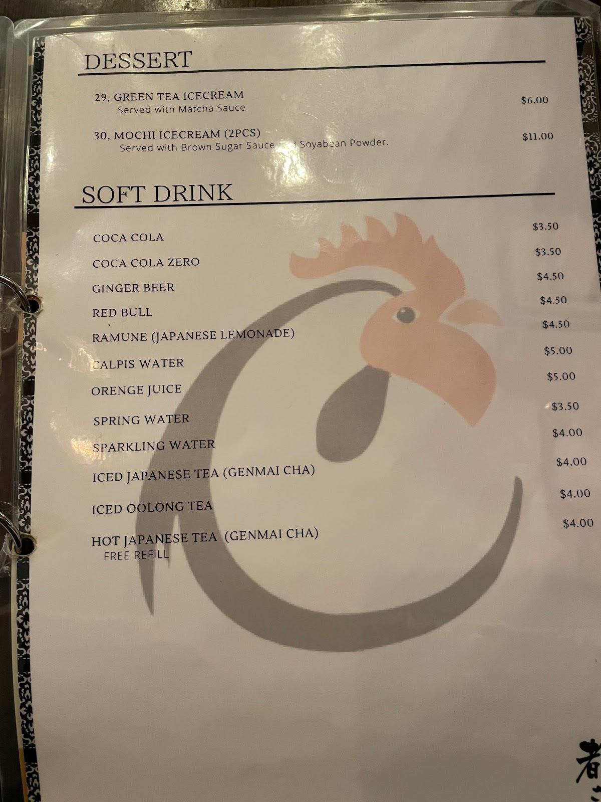 Menu at Tosaka Ramen Bar, Northbridge