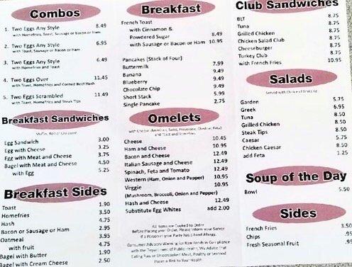 Menu at Anthony's Cafe, Boston