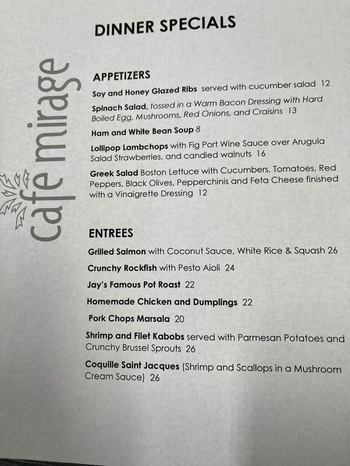 Menu at Cafe Mirage, Ocean City