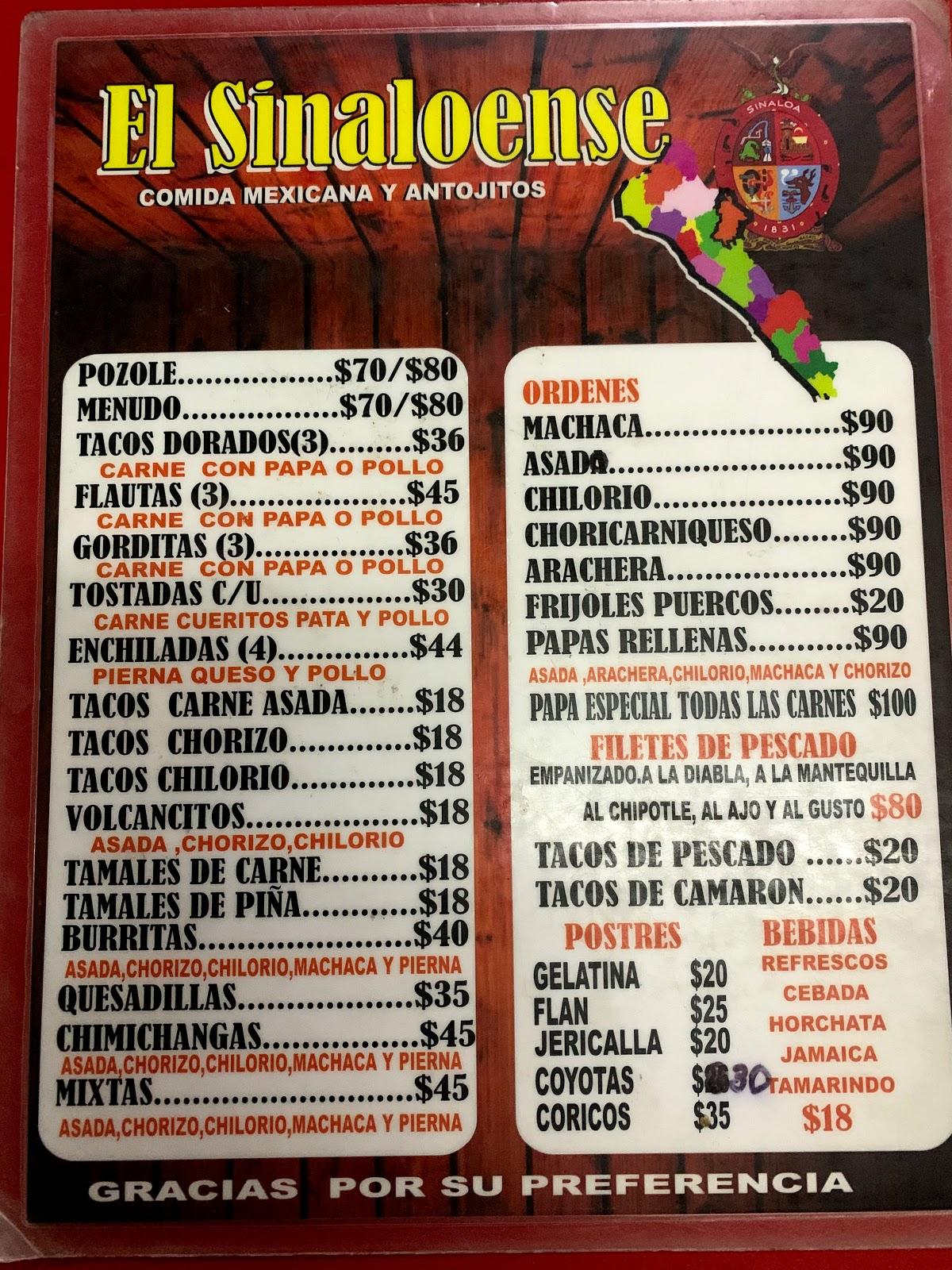 Carta del restaurante El sinaloense, Zapopan, C. San José María Robles 810