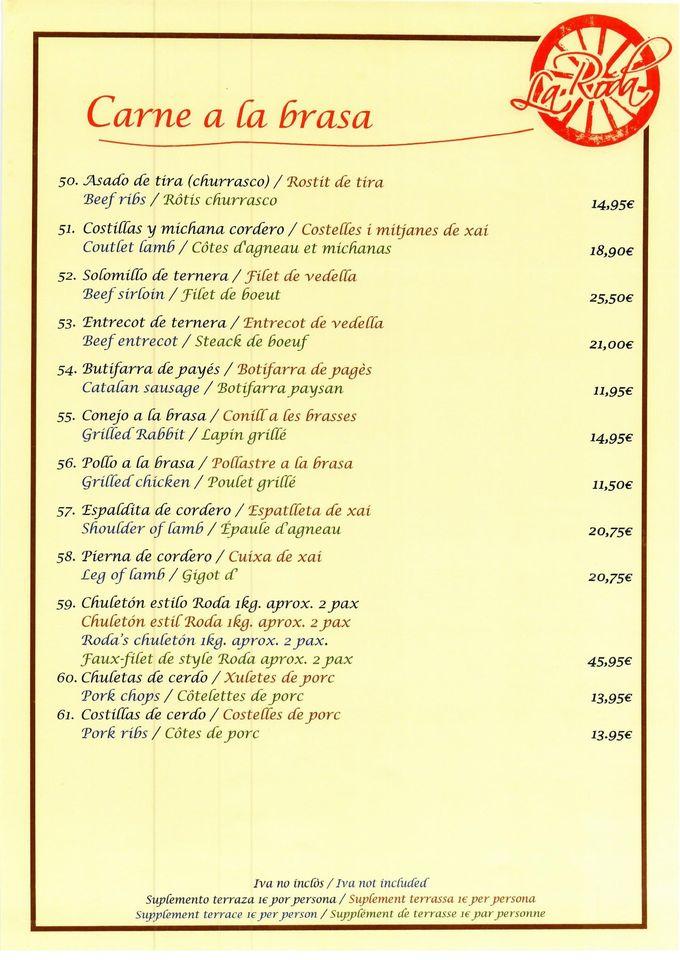 Menu at La Roda restaurant, Barcelona