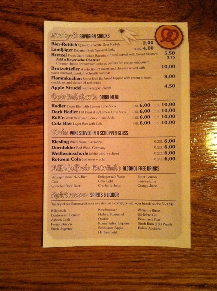 Menu at Von Rothenburg Bier Stube pub & bar, Germantown