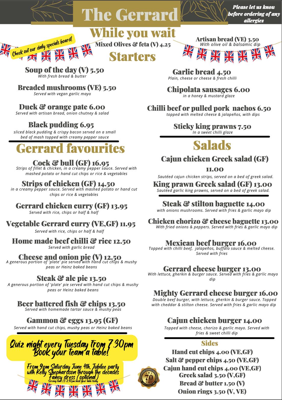 Menu at Gerrard Arms pub & bar, Wigan