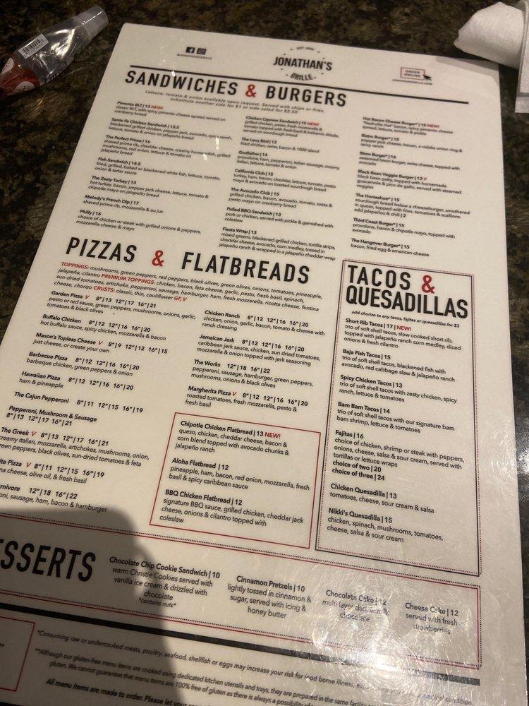 Menu at Jonathan's Grille pub & bar, Madison