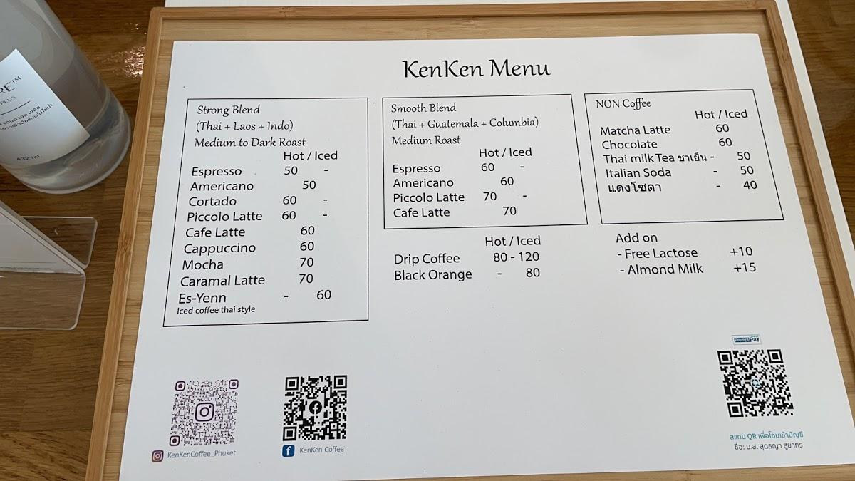 Menu at KenKen Coffee, Rawai