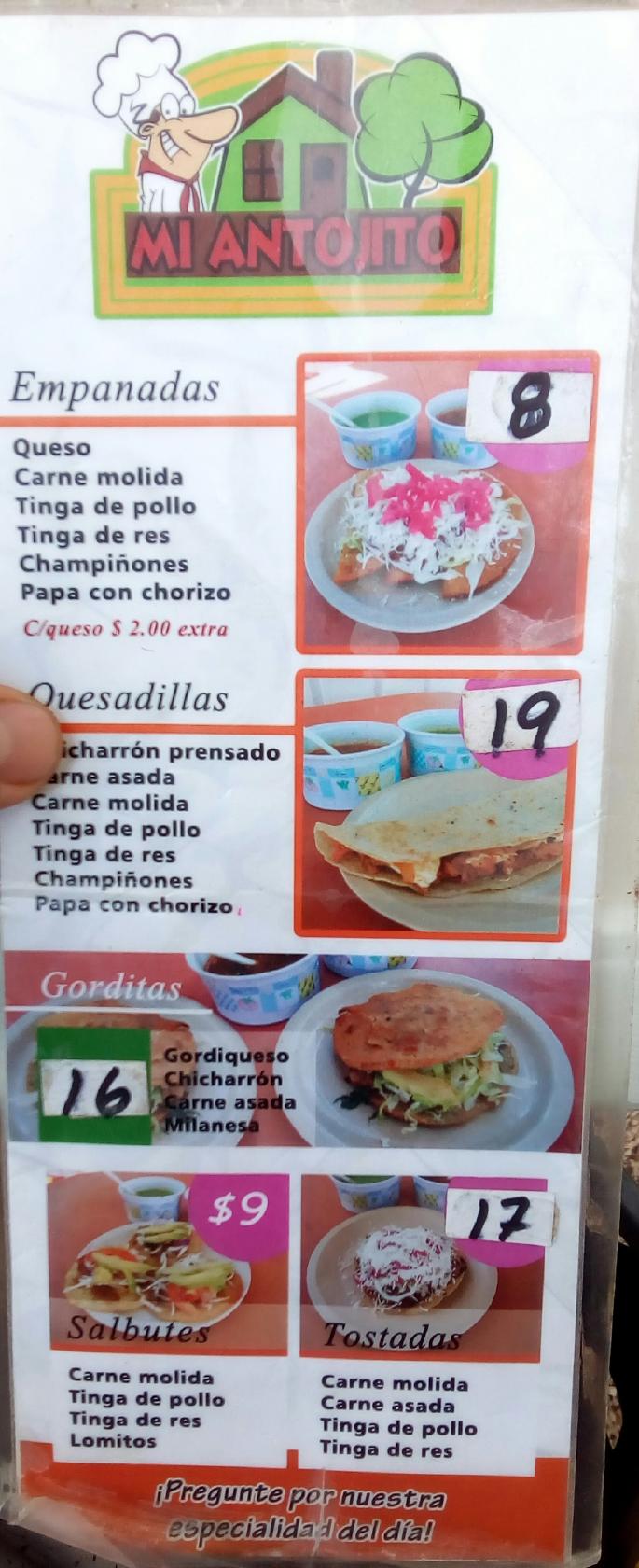 Menu at Mi Antojito restaurant, Cancún