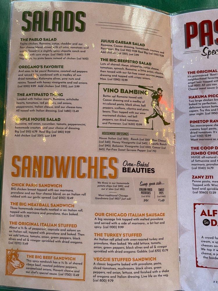 Menu at Oregano's pizzeria, Littleton