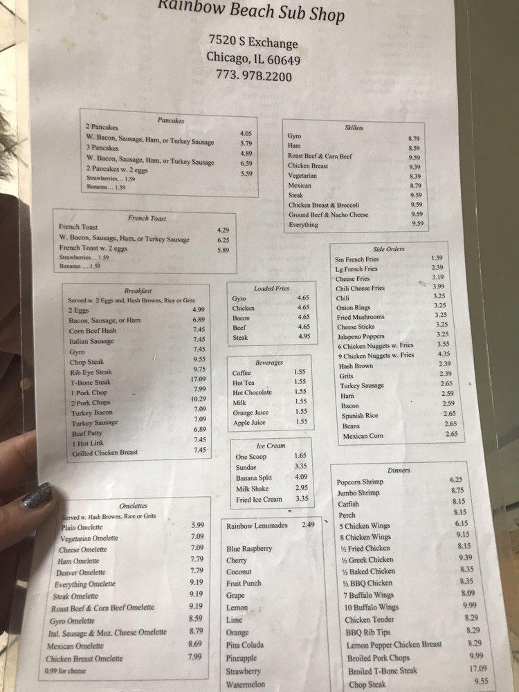 Menu at Rainbow Beach Sub Shop restaurant, Chicago