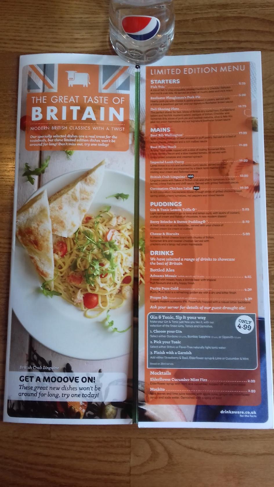 Menu at The Talpore Beefeater restaurant, Stockton-on-Tees, Whitewater Way
