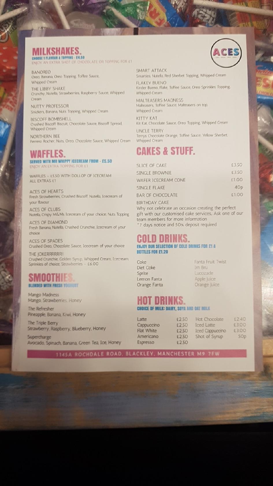 Menu at Aces cafe, Manchester