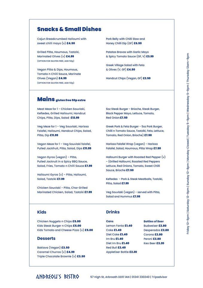 Menu at Andreou's Bistro restaurant, Arbroath