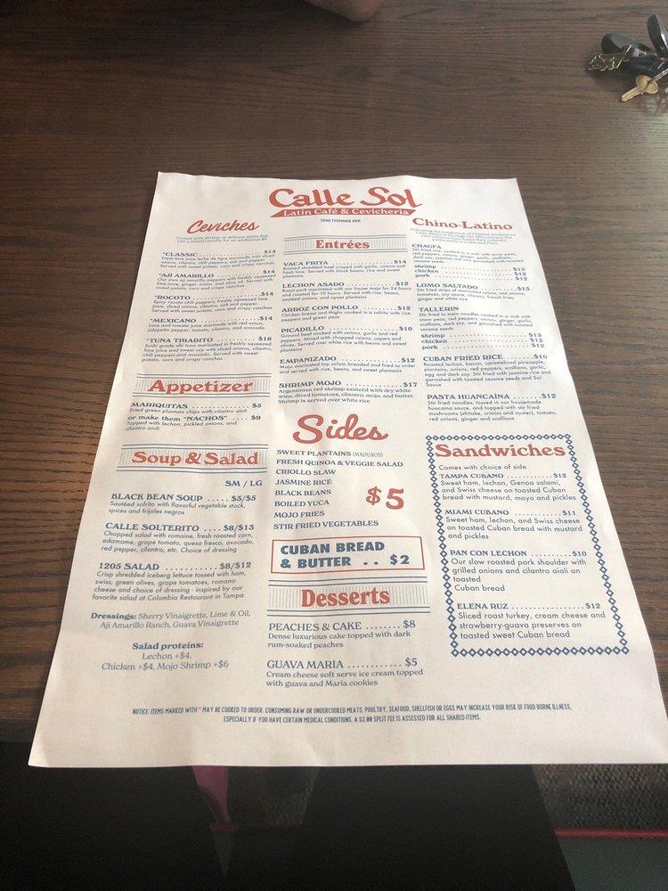 Menu at Calle Sol Latin Café & Cevicheria pub & bar, Charlotte