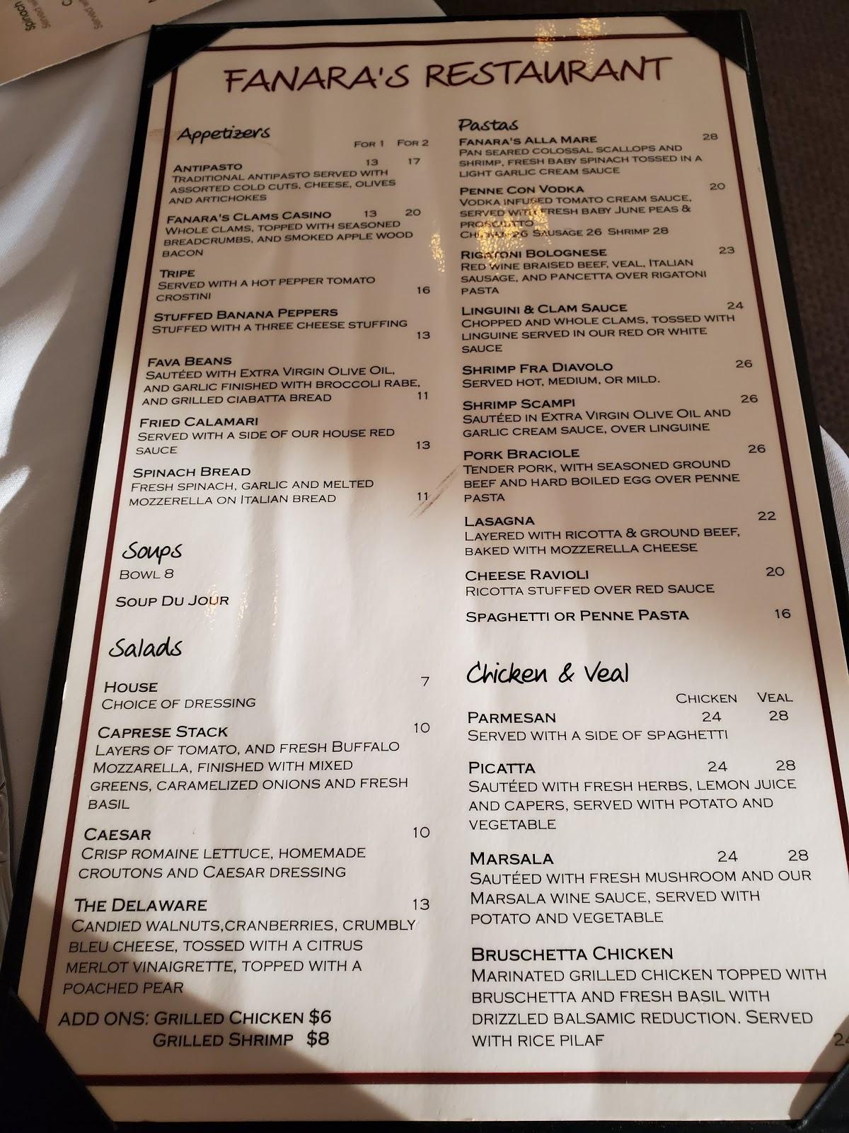 Menu at Fanara's Restaurant, Buffalo
