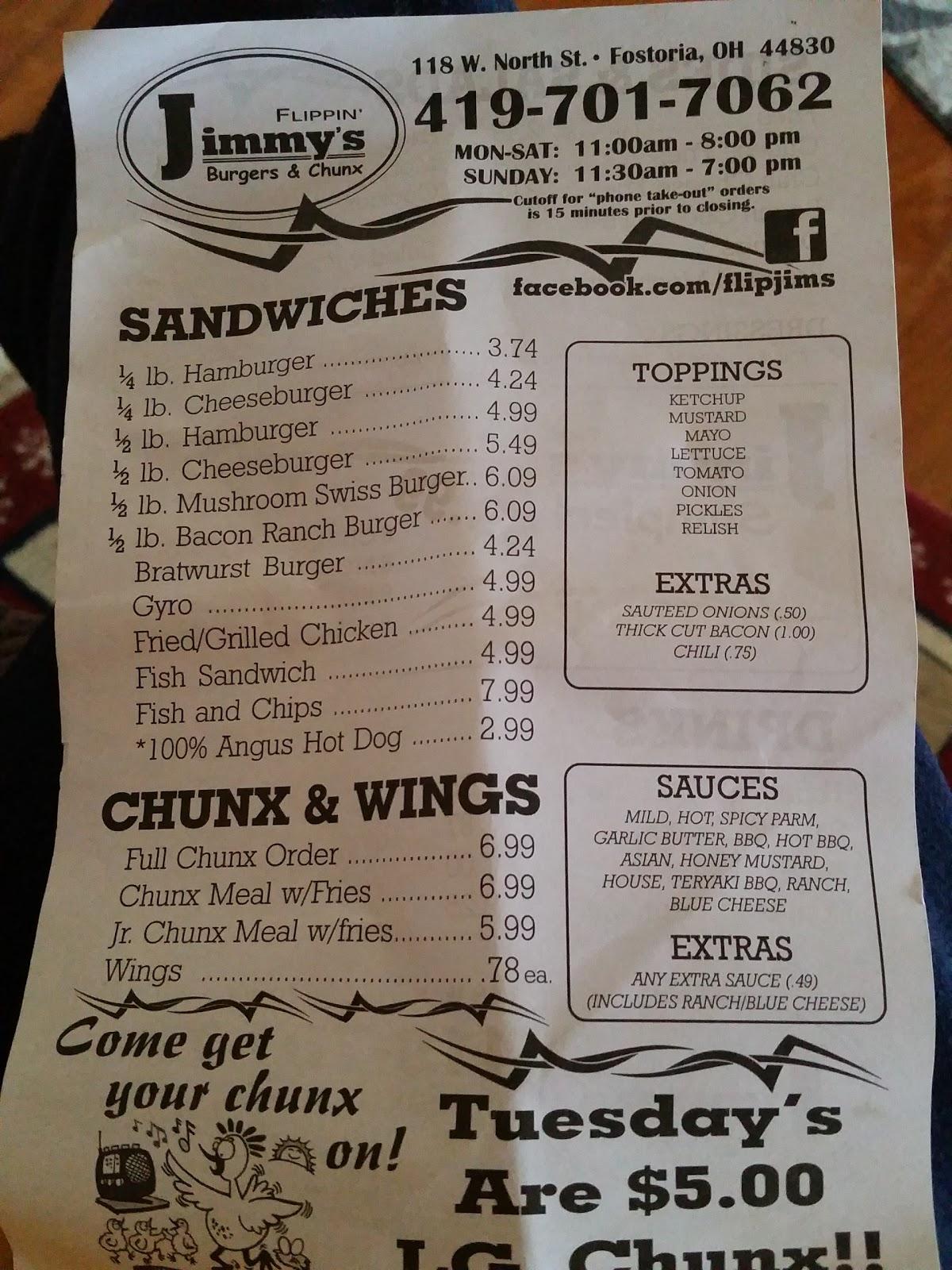 Menu at Flippin Jimmy's restaurant, Fostoria
