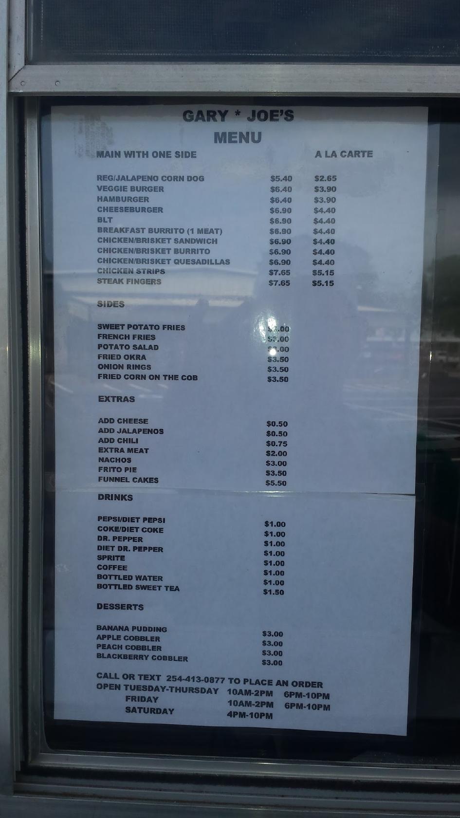 Menu at Gary Joe's restaurant, Stephenville