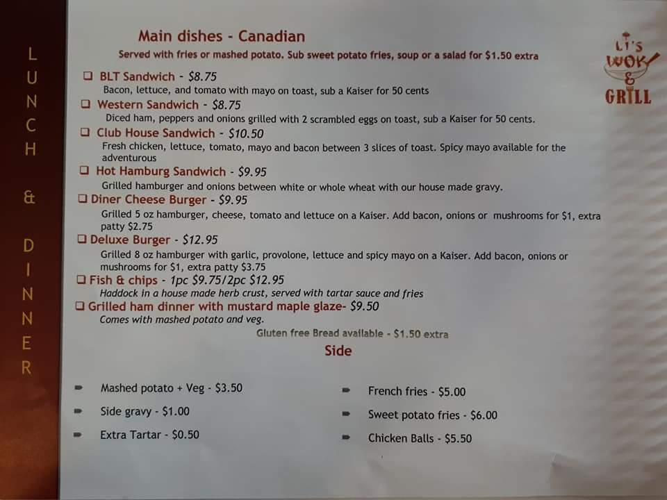 Menu at Li's Wok & Grill restaurant, Wolfville