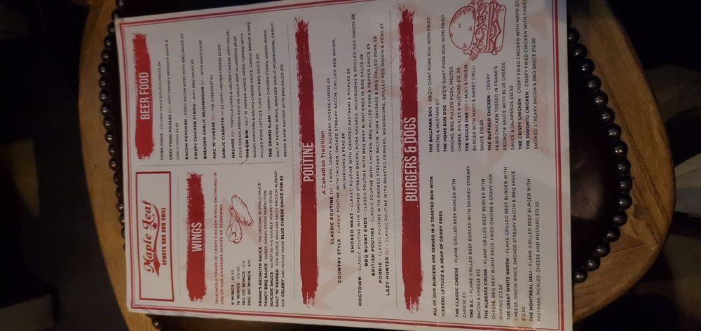 Menu at Maple Leaf pub & bar, London, 41 Maiden Lane