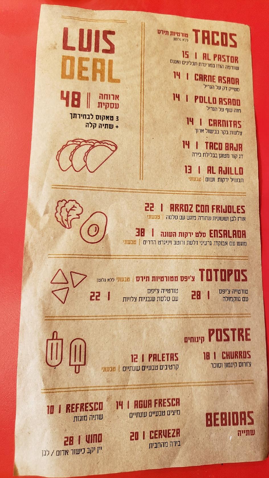 Menu at Tacos Luis restaurant, Jerusalem