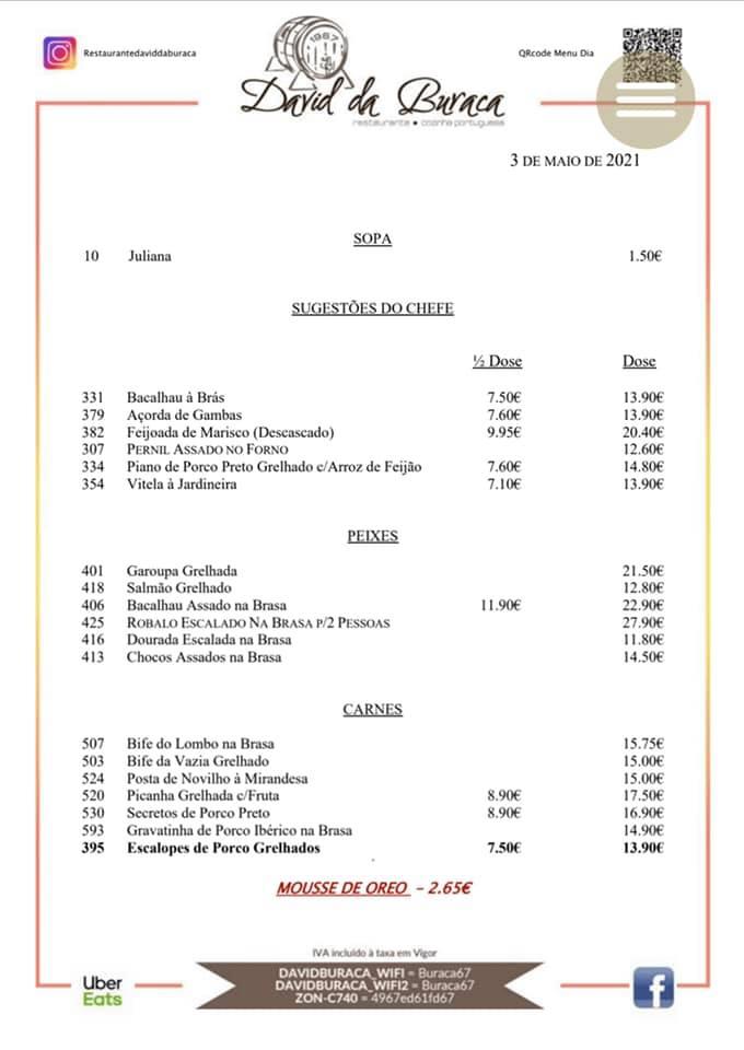 Menu em David da Buraca restaurante, Lisboa