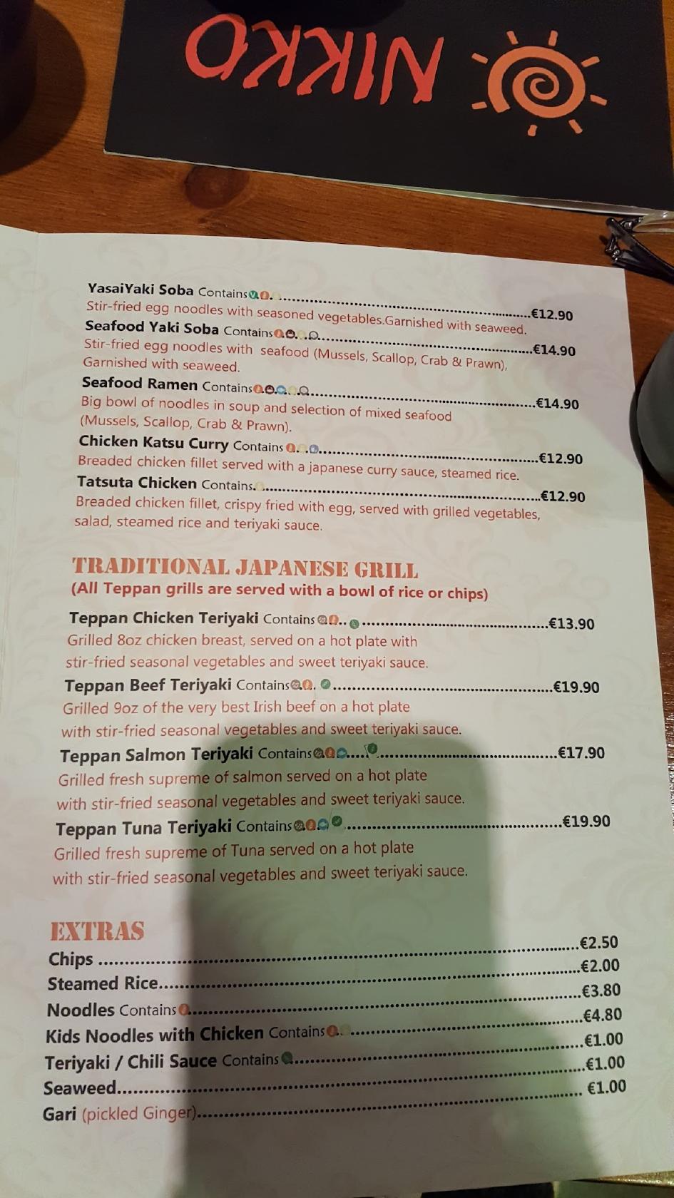 Menu at Nikko restaurant, Drogheda
