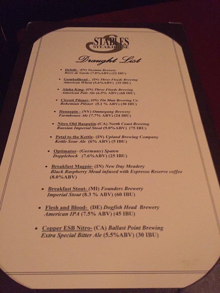 Menu at Stables Steakhouse, Terre Haute