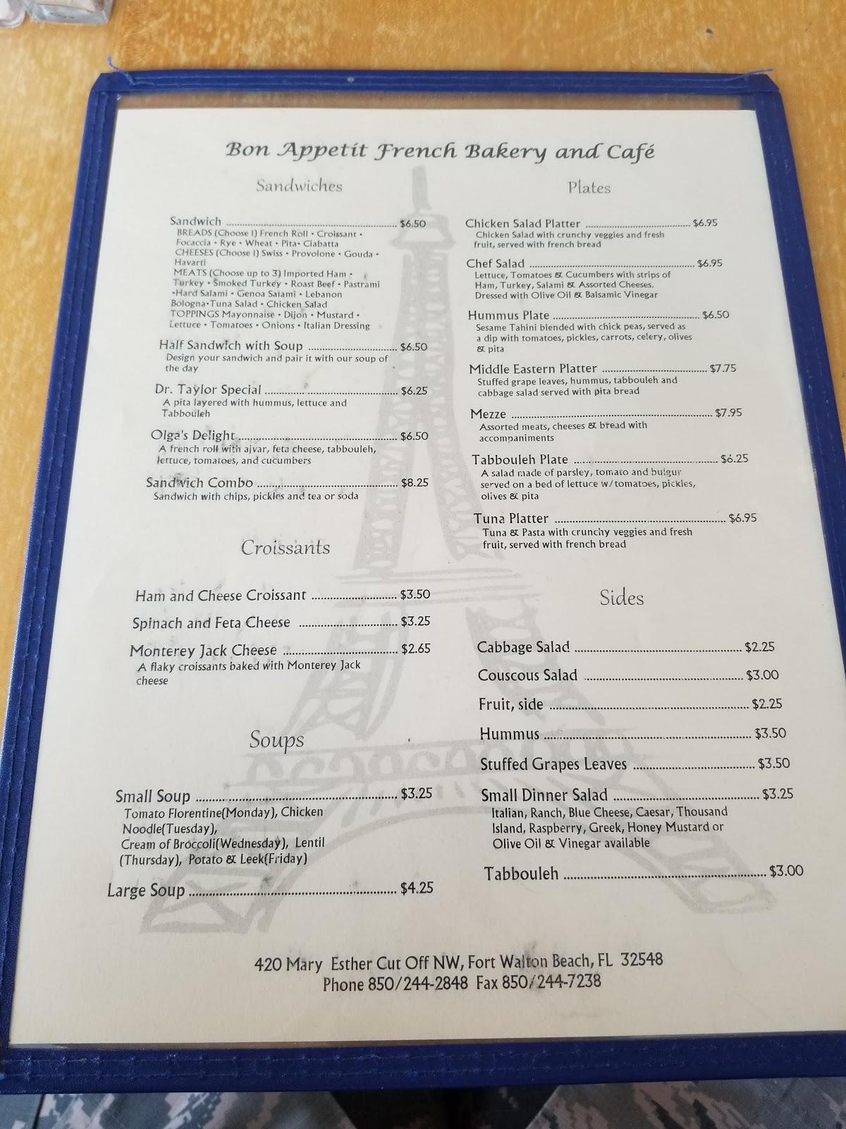 Menu at Bon Appetit French Bakery and Cafe, Fort Walton Beach