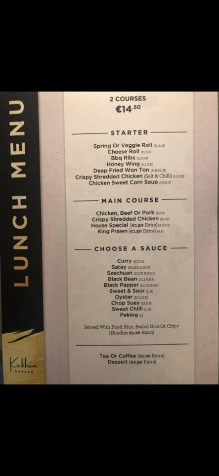 Menu at Kickham Garden restaurant, Carrick-On-Suir