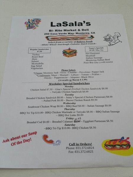 Menu at LA SALA'S BI-RITE MARKET restaurant, Monterey