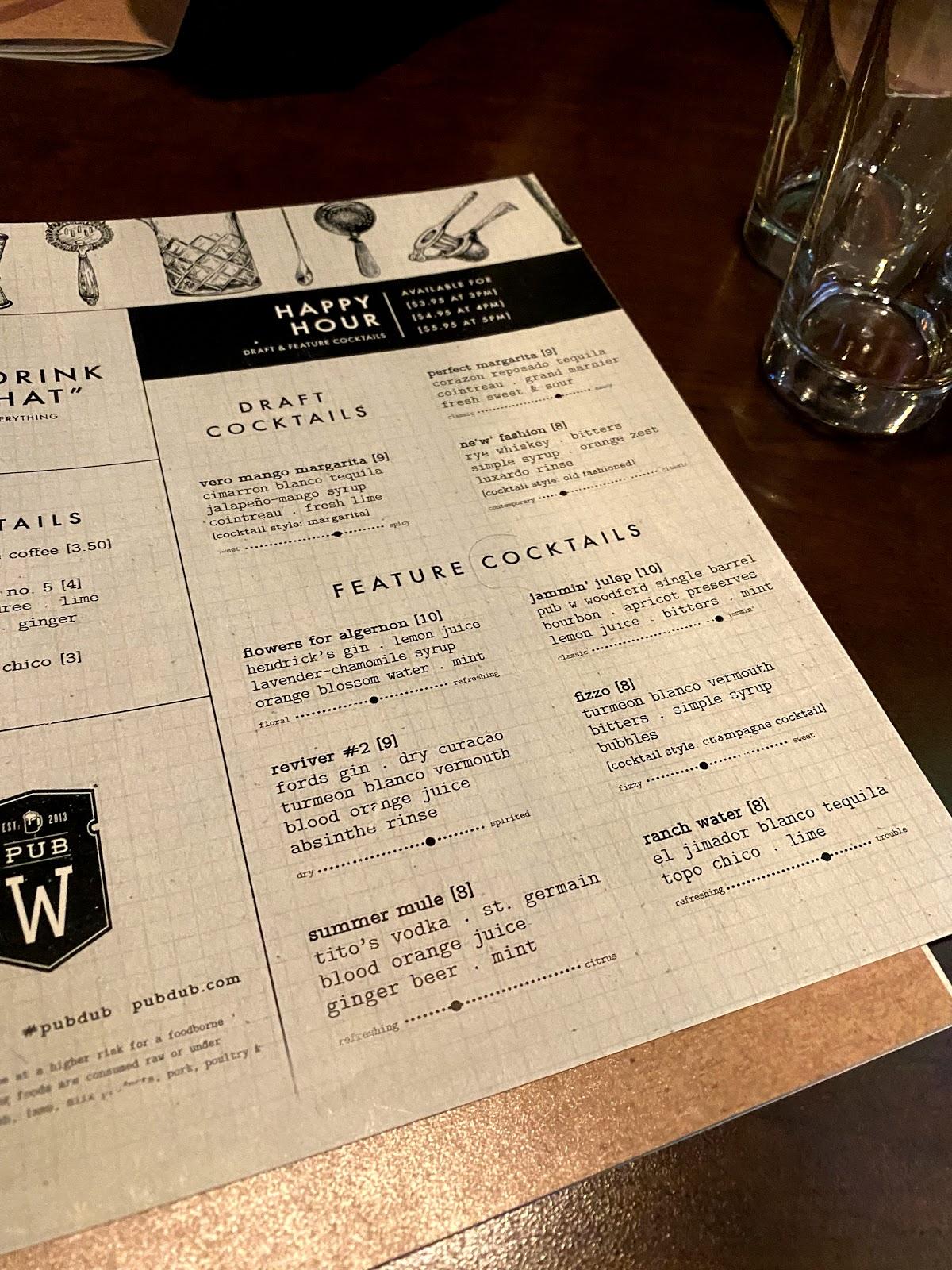 Menu at Pub W, Norman, W Robinson St