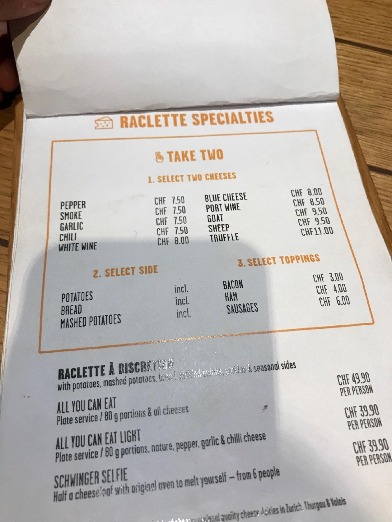 Menu at Raclette Factory, Zürich