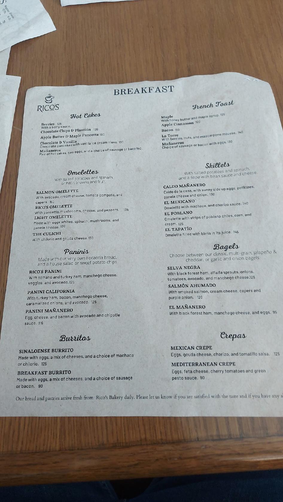 Menu at Rico's Café - Marina, Mazatlán, Blvd. Marina Mazatlan 2216
