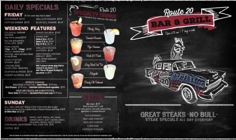 Menu at Route 20 Bar & Grill Inc, Freeport