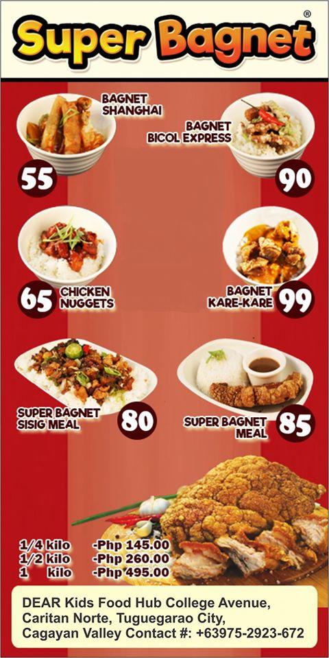 Menu at Super Bagnet restaurant, Tuguegarao City