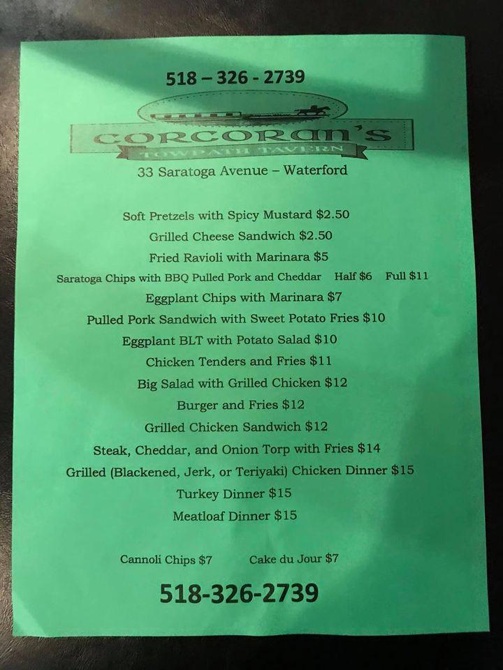 Menu at Corcoran's Tow Path Tavern pub & bar, Waterford