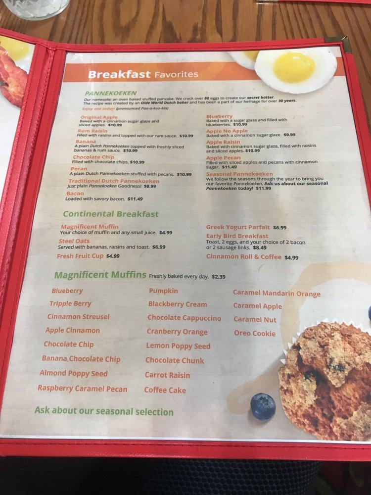 Menu at Pannekoeken restaurant, Rochester