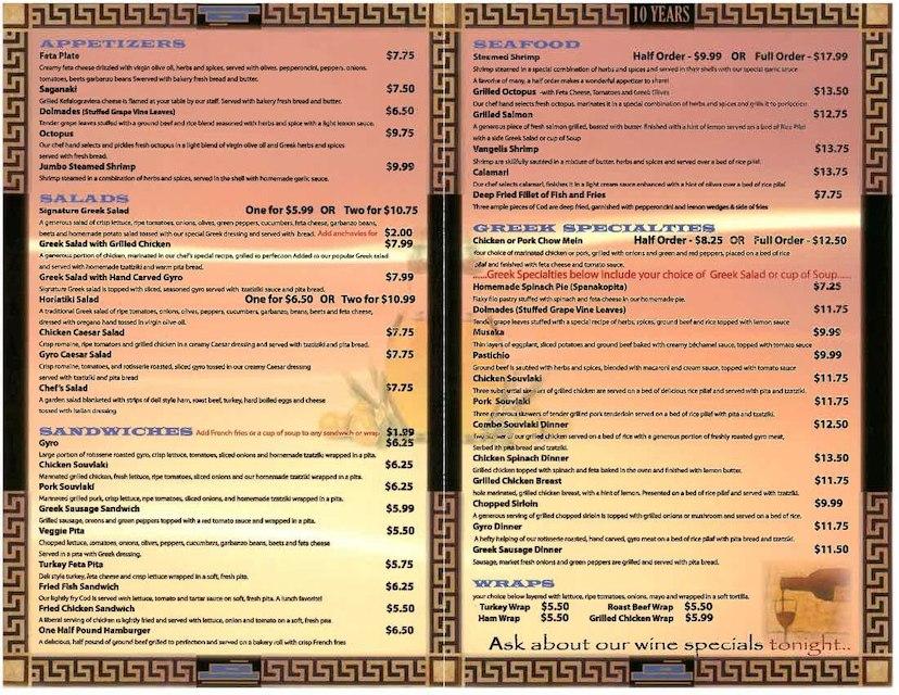 Menu at Seven Springs Souvlaki restaurant, New Port Richey