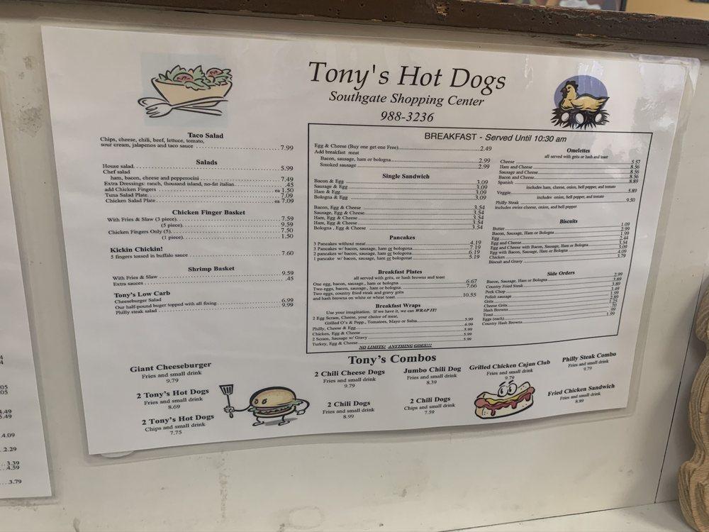 Menu at Tony's Hot Dogs restaurant, Birmingham