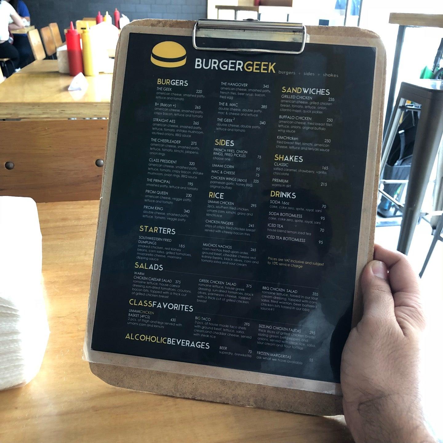 Menu at Burger Geek restaurant, Muntinlupa