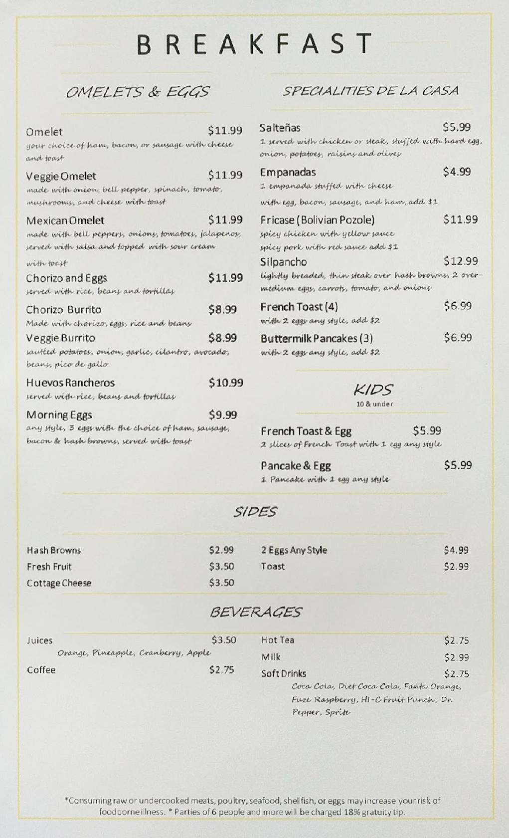 Menu at Gaby's Latin Flavors pub & bar, Big Bear Lake