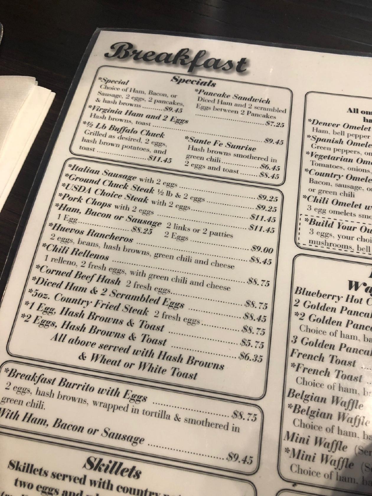 Menu at George's Cafe, Arvada