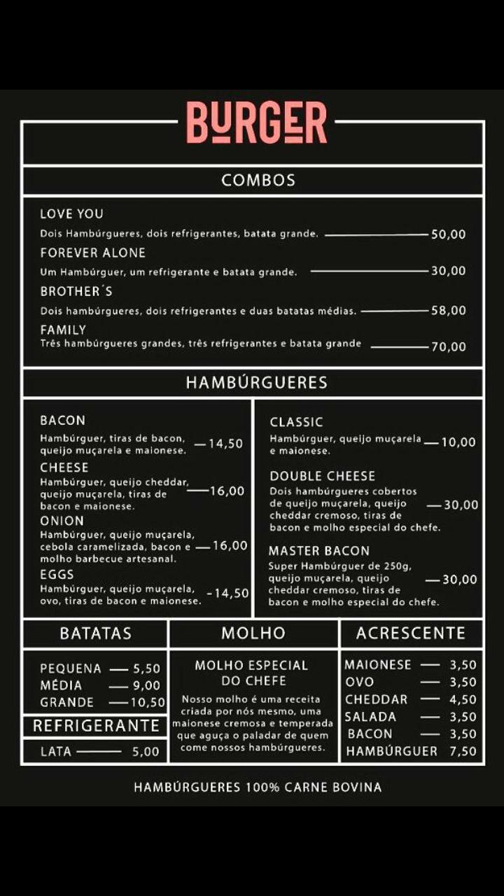 Menu at Greg's Burger restaurant, Itapevi