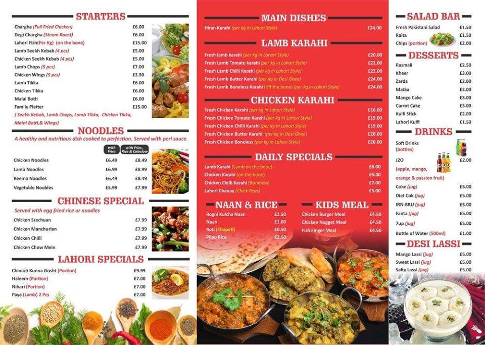 Carta de Lahori Karahi & Chargha Restaurant, Birmingham